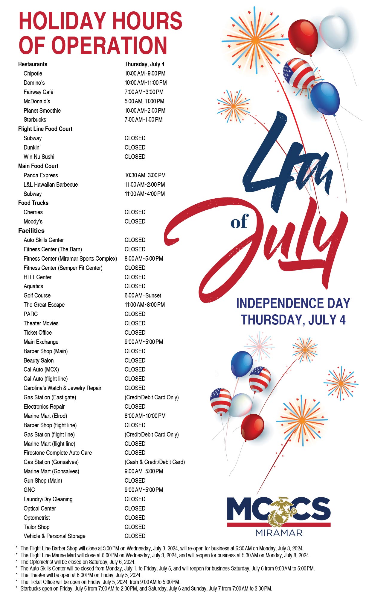 MCCS 4th of July Independence Day Holiday Hours